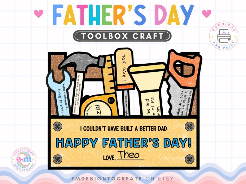 Father's Day Toolbox Craft, PRINTABLE Coloring Tool Box Gift for Dad ...