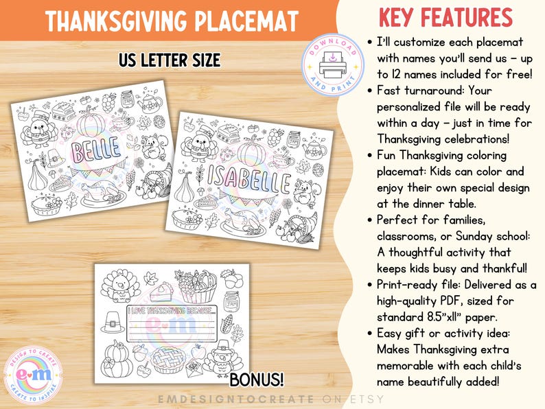 Personalized Thanksgiving Coloring Placemat for Kids, Printable Name ...