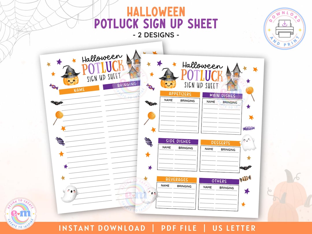Halloween Potluck Sign-up Sheet | Printable Halloween Party Food Sign ...