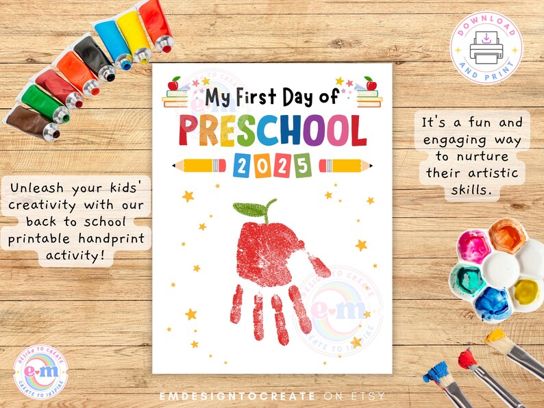 First Day of Preschool Handprint Craft, Back to School 2025 PRINTABLE ...