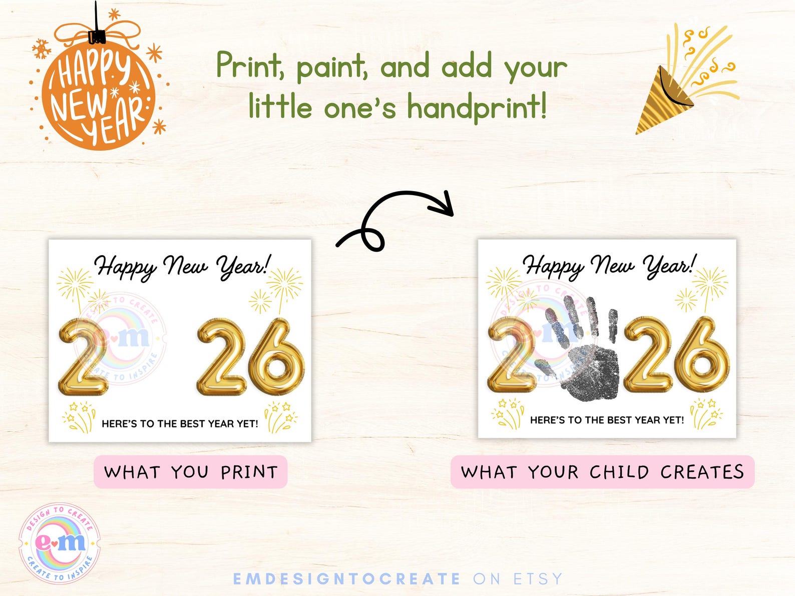 Happy New Year 2026 Handprint Craft, Printable Handprint Art Activity ...
