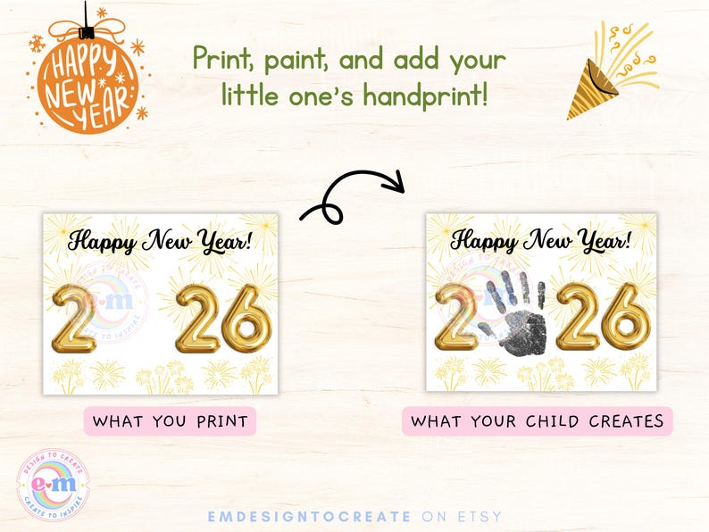 New Year 2026 Handprint Craft, Printable New Years Art Activity for ...