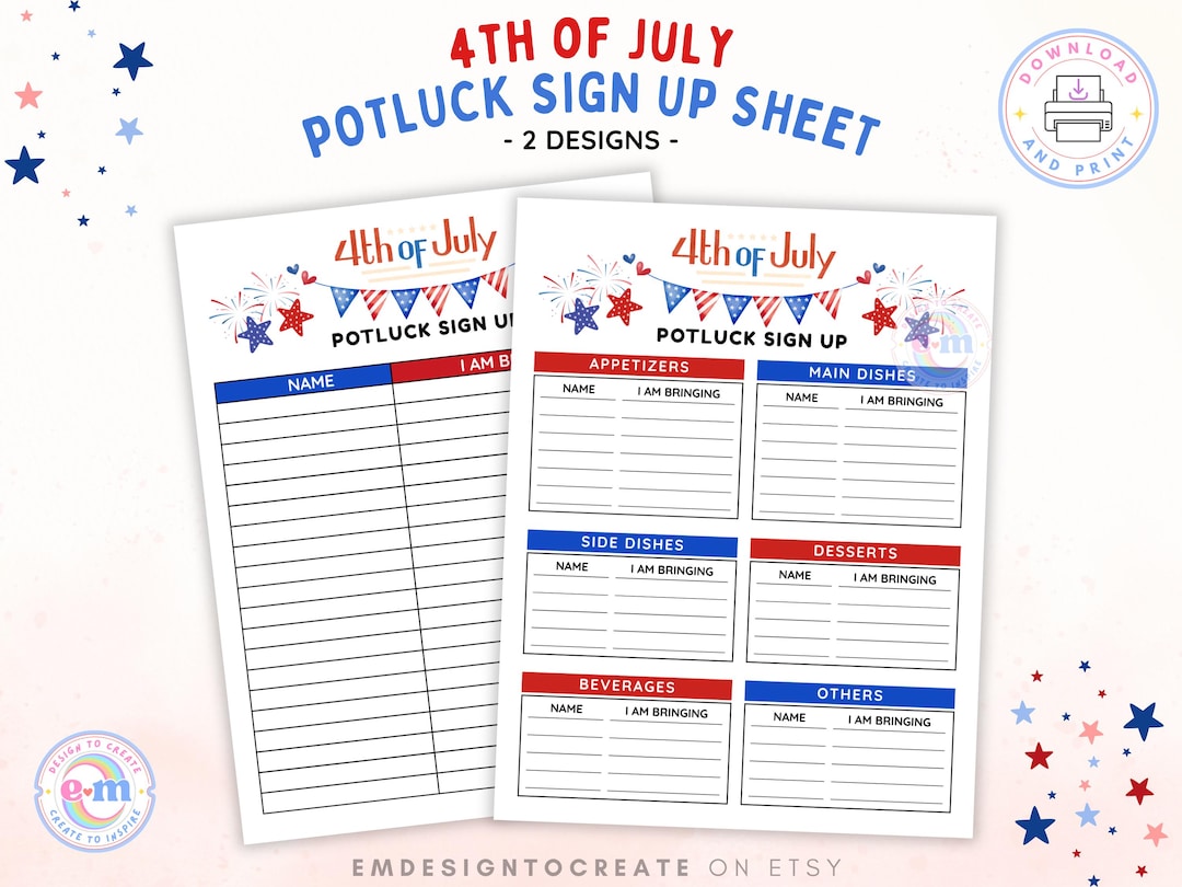 4th of July Potluck Sign up Sheet, PRINTABLE July 4th Sign up Form ...