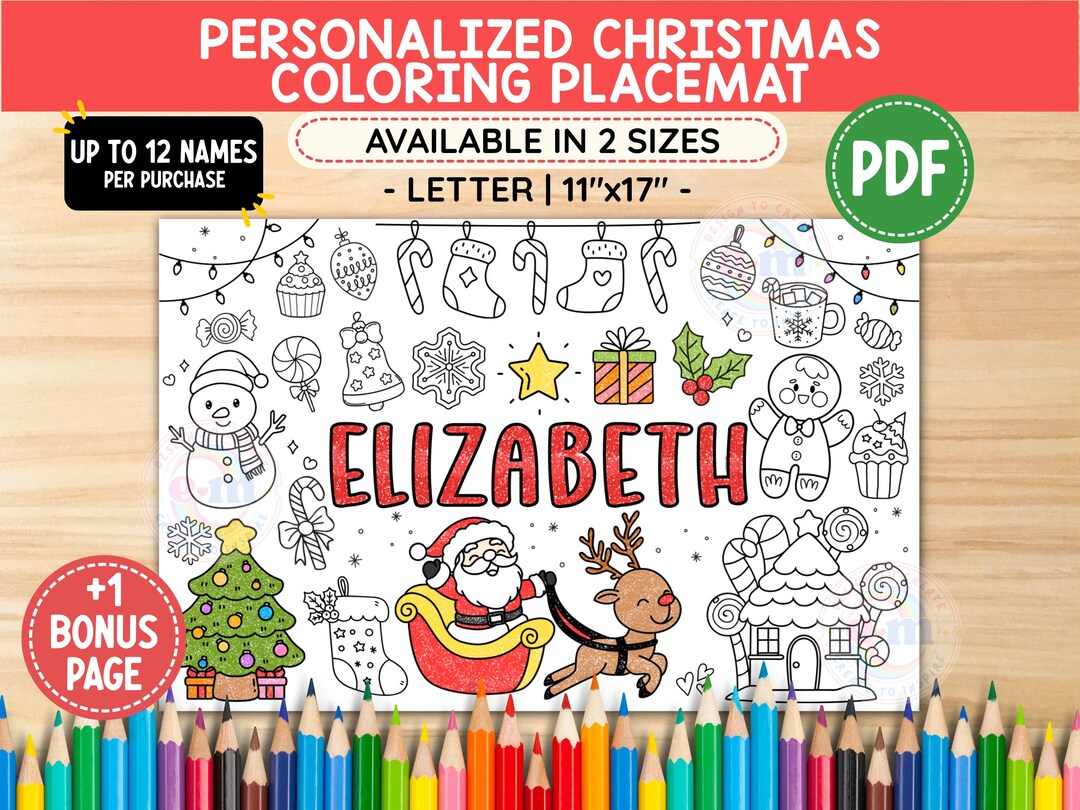 Personalized Christmas Coloring Placemat, Printable Custom Kids Name ...