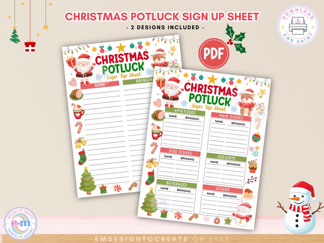 Christmas Potluck Sign up Sheet Printable | Christmas Potluck Signup ...
