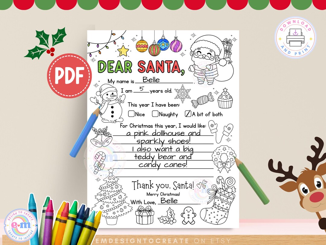 Letter to Santa Coloring Page for Kids, Printable Christmas Wish List ...