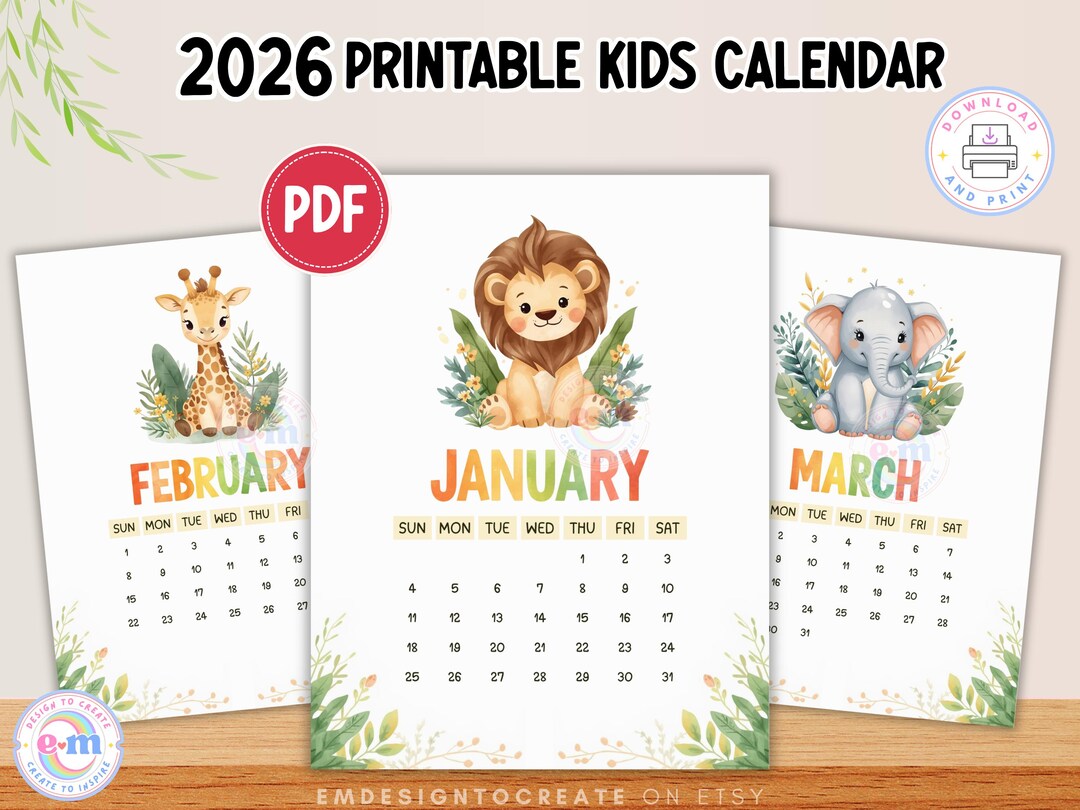 Printable 2026 Calendar for Kids: January to December Animals Monthly ...
