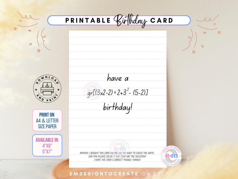 Math Birthday Card, Printable Funny Mathematics Lover Greeting Card ...
