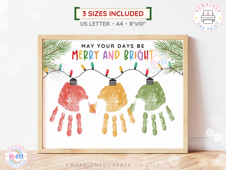 Christmas Lights Handprint Craft, Merry and Bright Handprint Art, Xmas ...