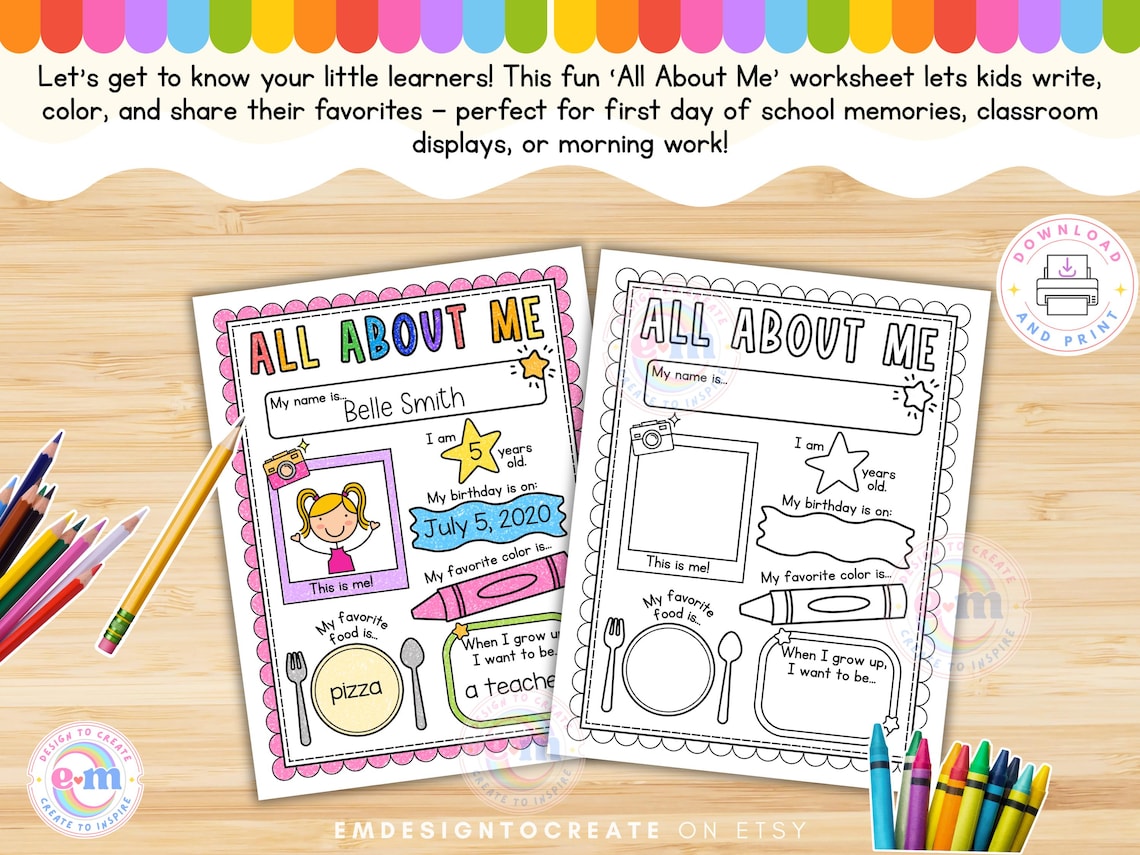 All About Me PRINTABLE, Back to School Worksheet for Kids, Get to Know ...