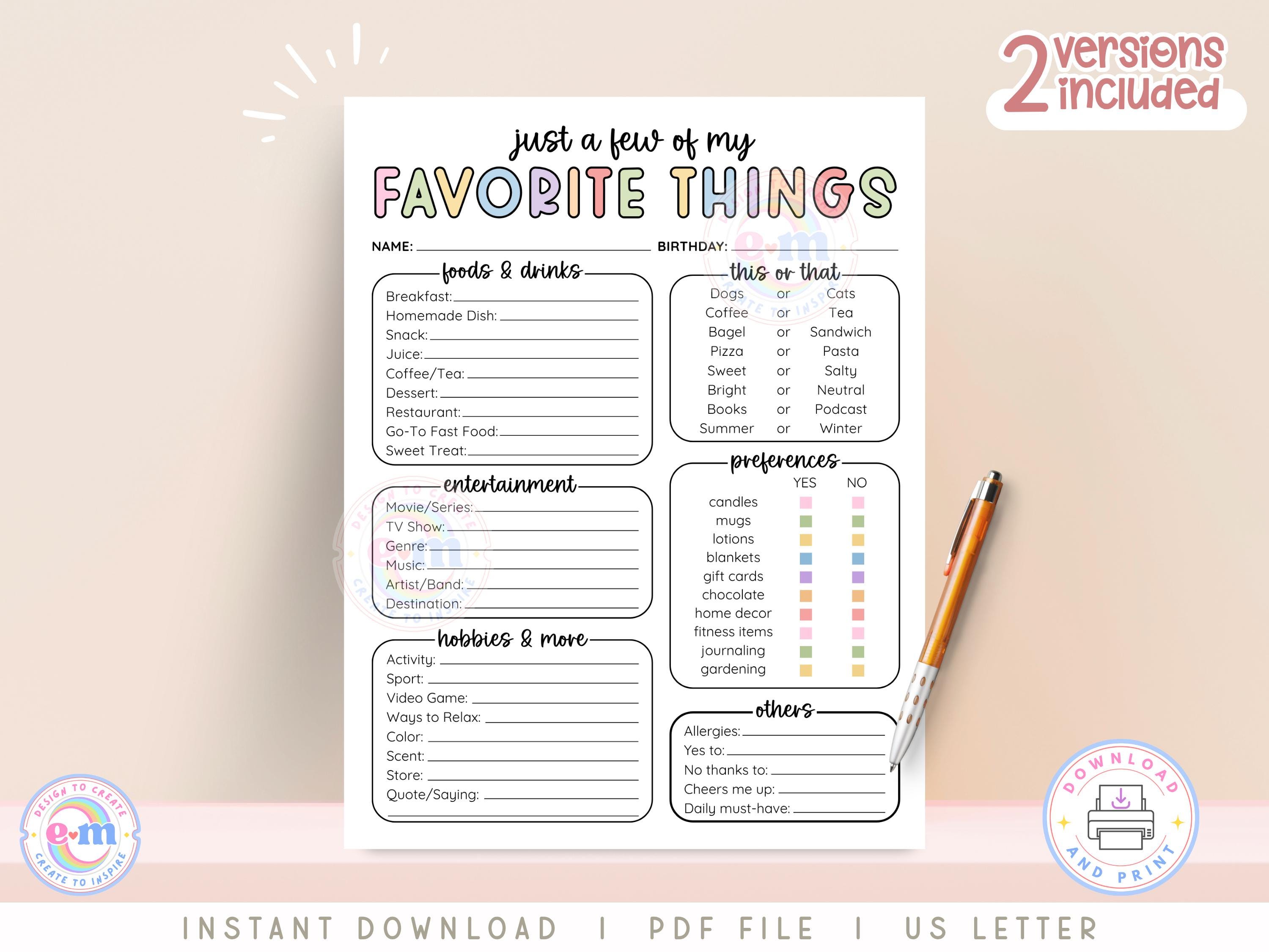 My Favorite Things Survey Questionnaire, PRINTABLE Employee Favorites ...