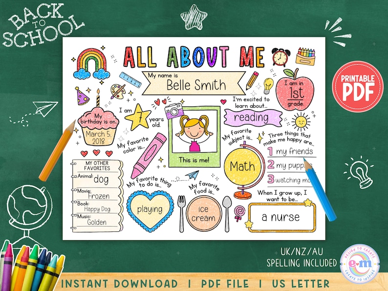 All About Me Printable Activity for Kids, Back to School Coloring Page ...