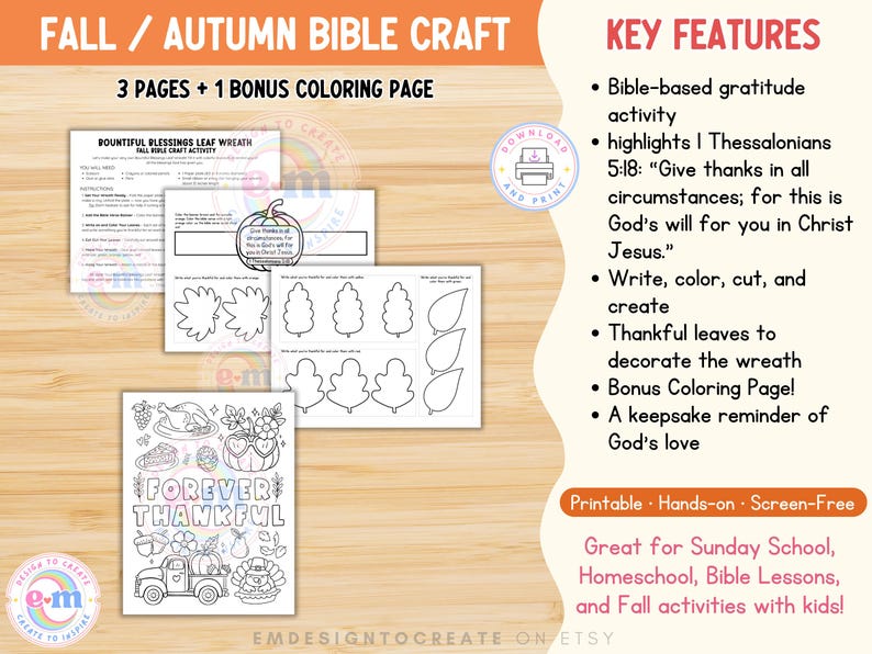 Fall Bible Craft for Kids, PRINTABLE Fall Leaf Wreath Craft, Christian ...