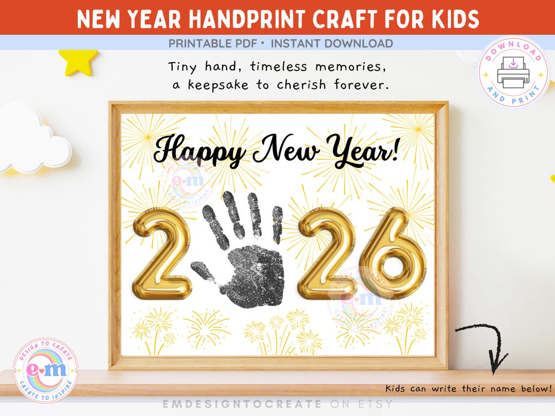 New Year 2026 Handprint Craft, Printable New Years Art Activity for ...