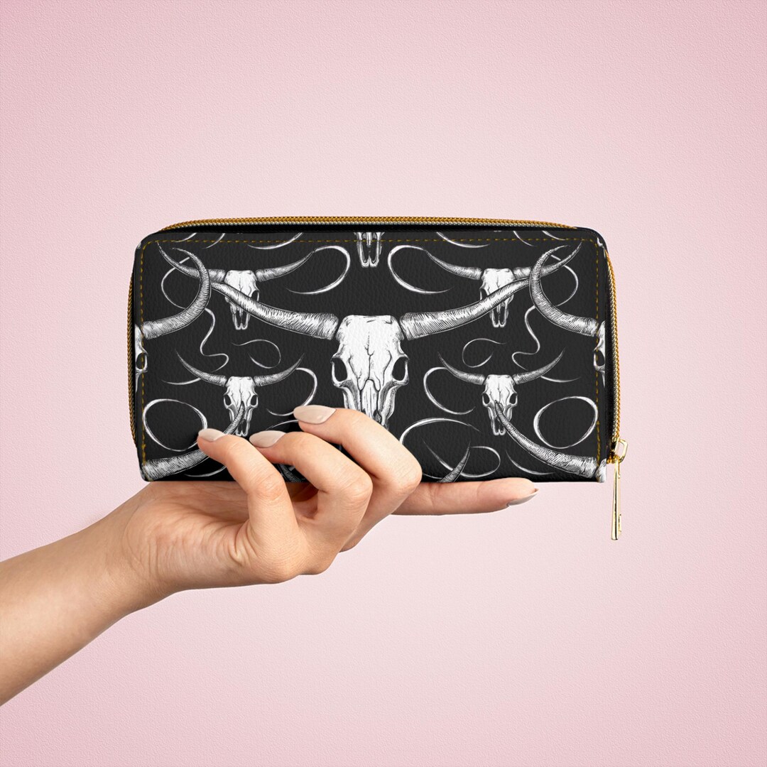Western Gothic Longhorn Skull Zipper Wallet - Faux Leather, Durable ...