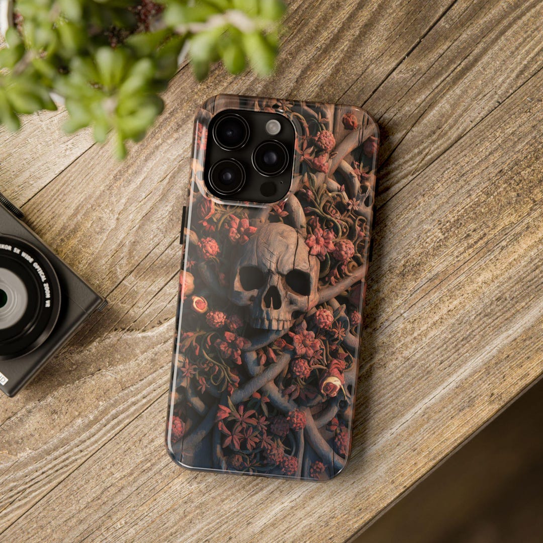 Floral Skull Tough Phone Case: 3D Wood Texture, Impact Resistant - Etsy