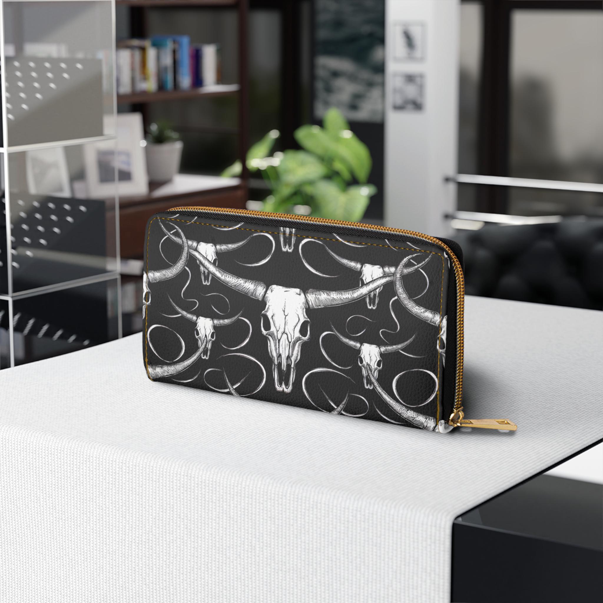 Western Gothic Longhorn Skull Zipper Wallet - Faux Leather, Durable ...