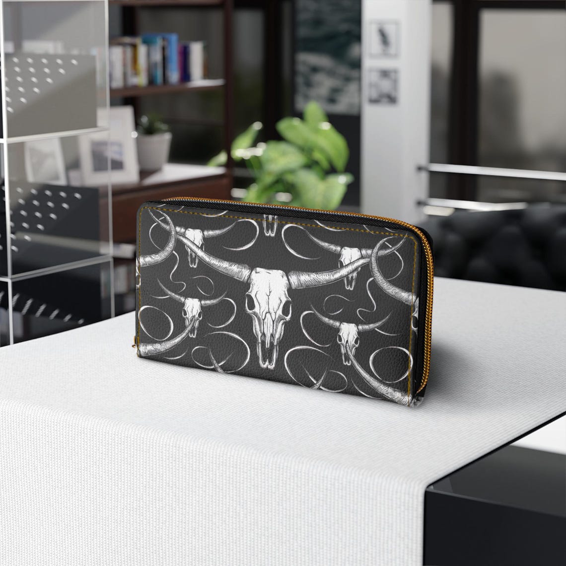 Western Gothic Longhorn Skull Zipper Wallet Faux Leather, Durable ...