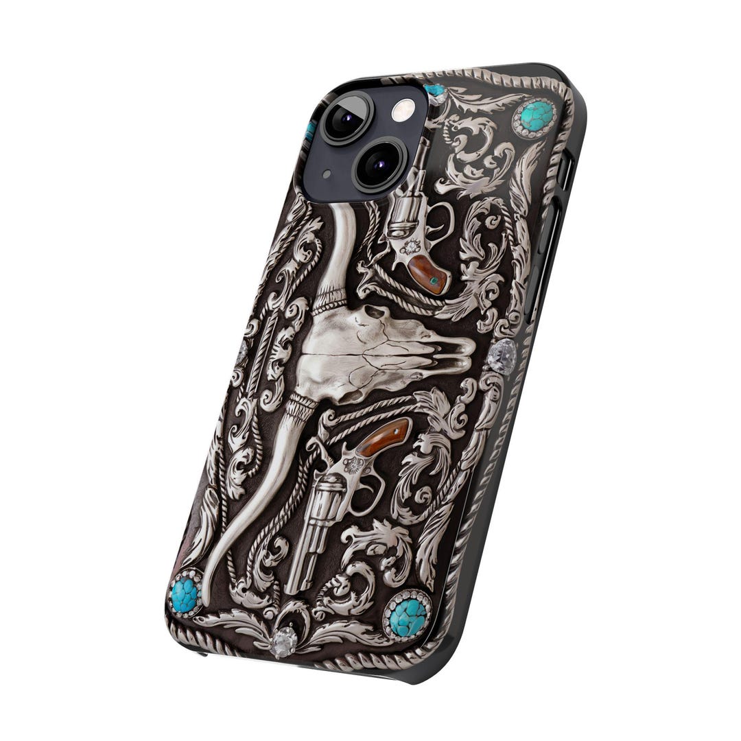 Western iPhone Case: Silver Longhorn Belt Buckle, Turquoise & Diamonds ...