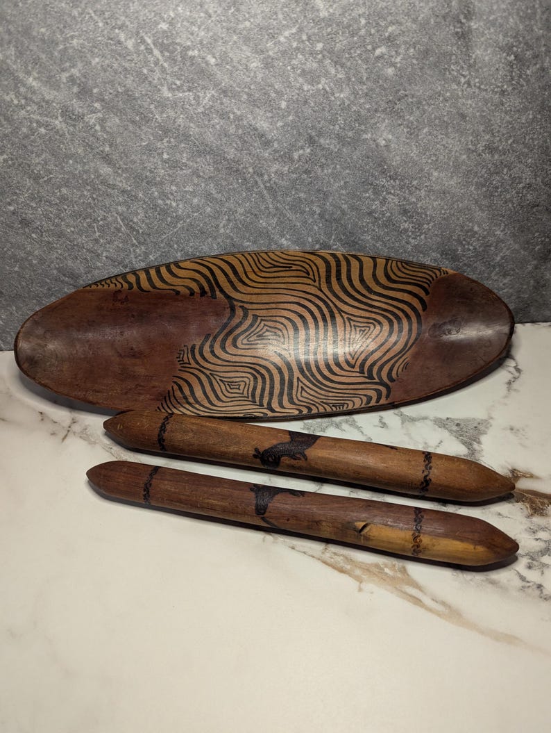 Vintage Australian Clapping Sticks & Bowl Set – Hand-carved Indigenous ...