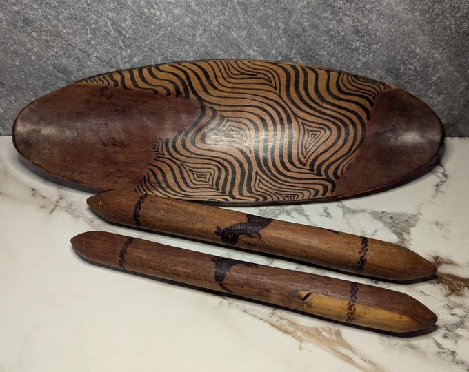 Vintage Australian Clapping Sticks & Bowl Set – Hand-carved Indigenous ...