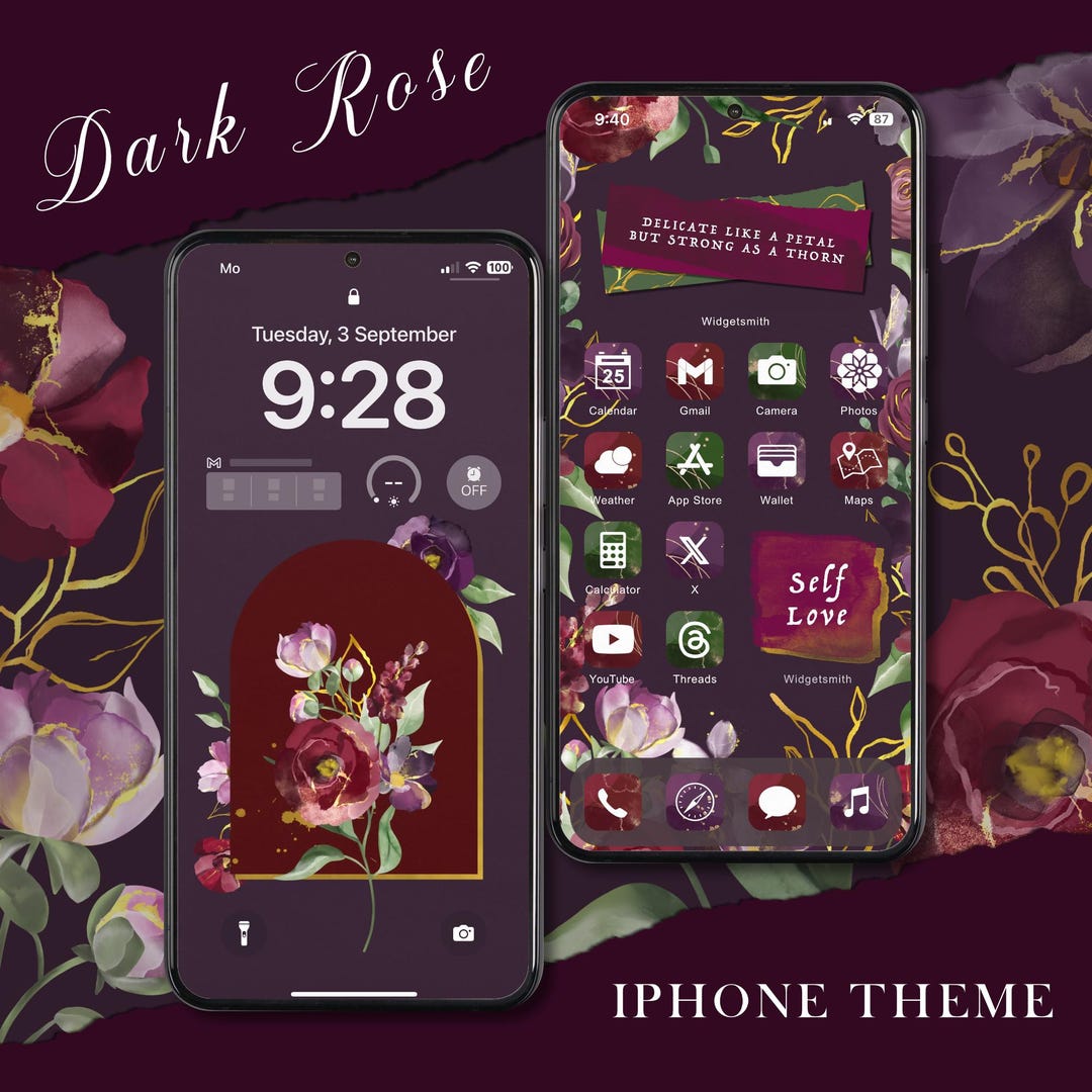 Dark App Icon Pack Dark Widget iPhone Ios Icon Dark Floral Ios18 Icon ...