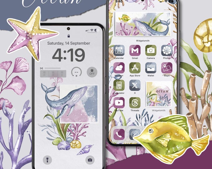Aquatic App Icons | Hand-drawn Ocean Theme (ios & Android) (digital ...