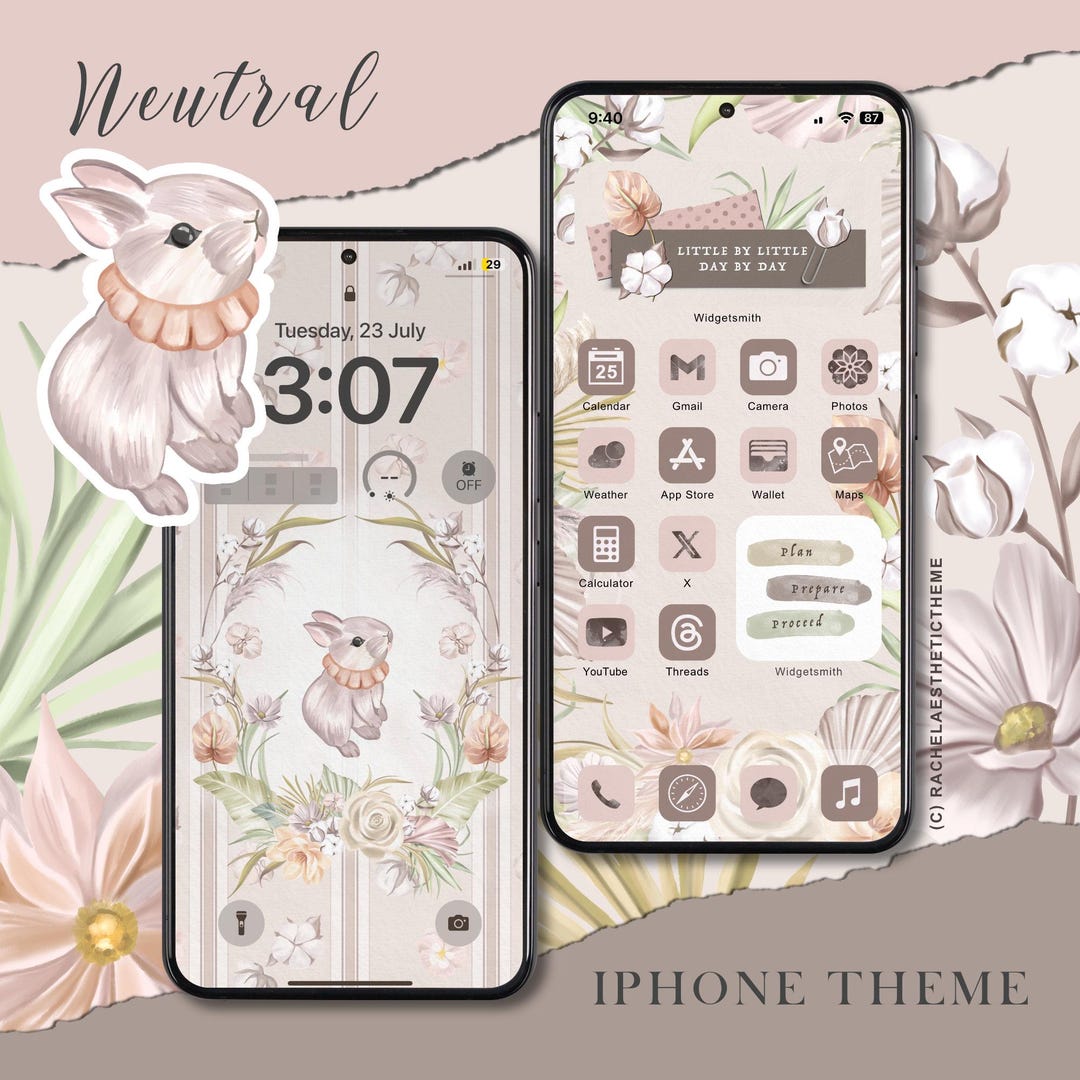 Neutral Bunny Ios26 App Icon Pack, Ios18 Icon Theme, Cute iPhone Theme ...