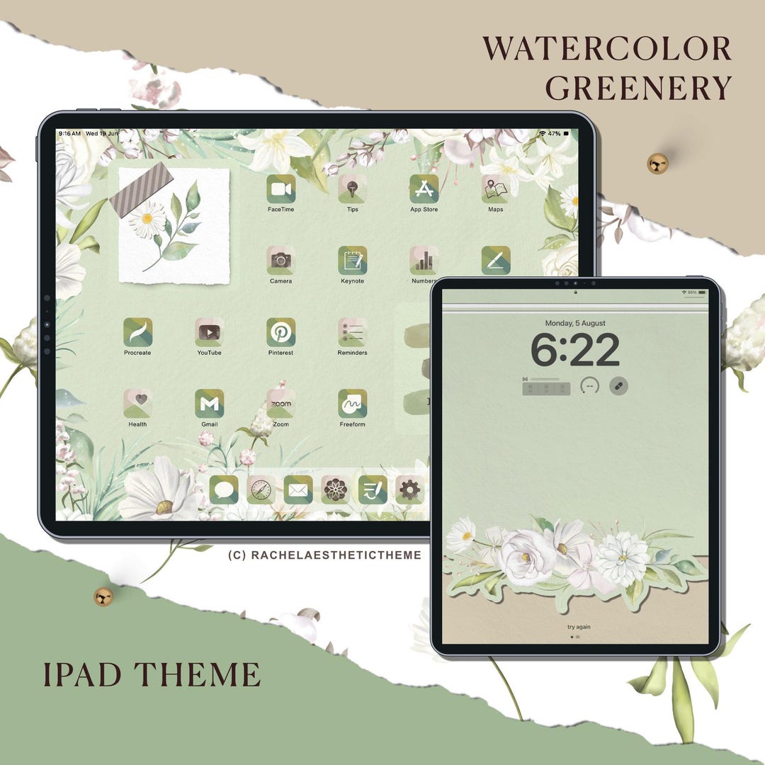 Watercolor Greenery iPad App Icon Pack, Green Ios26 iPad Tablet Theme ...
