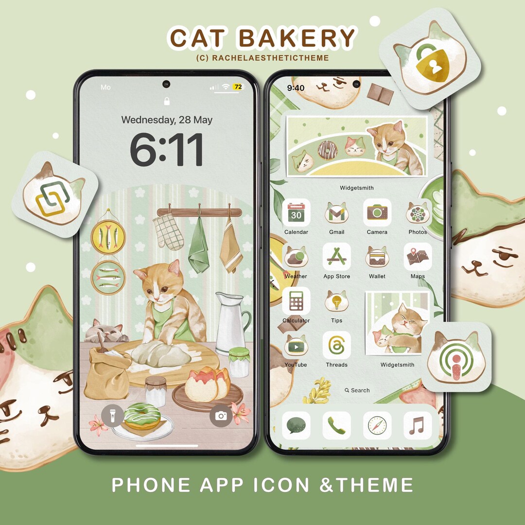 Cat Bakery Ios Icon Pack, Cute Neko Baking App Icon for Iphone, Green ...