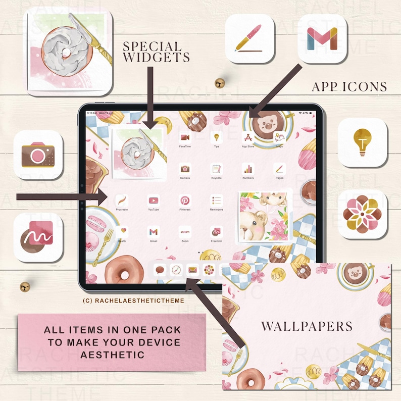 Pink Cafe iPad Theme, Ios26 Ipad, Handdrawn App Icon Widget Pack ...