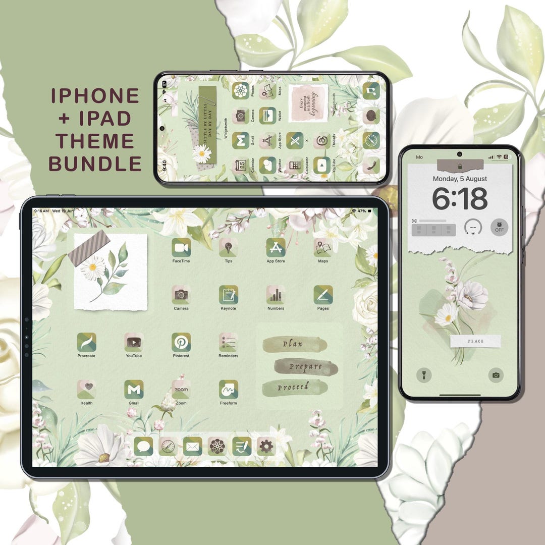 Watercolor Greenery Ios Theme Bundle App Icon Green Ios17 iPad Theme ...