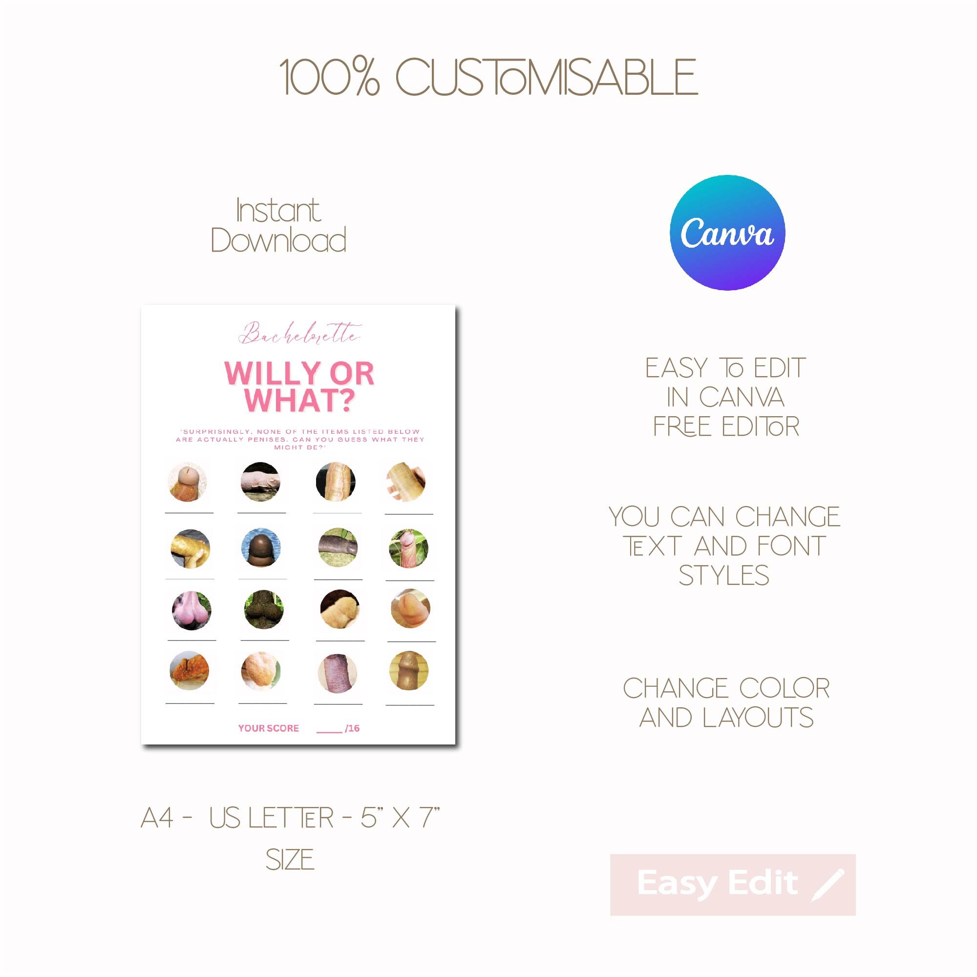 Willy or What Game, Bridal Shower Game, Printable Willy or What, Adults ...