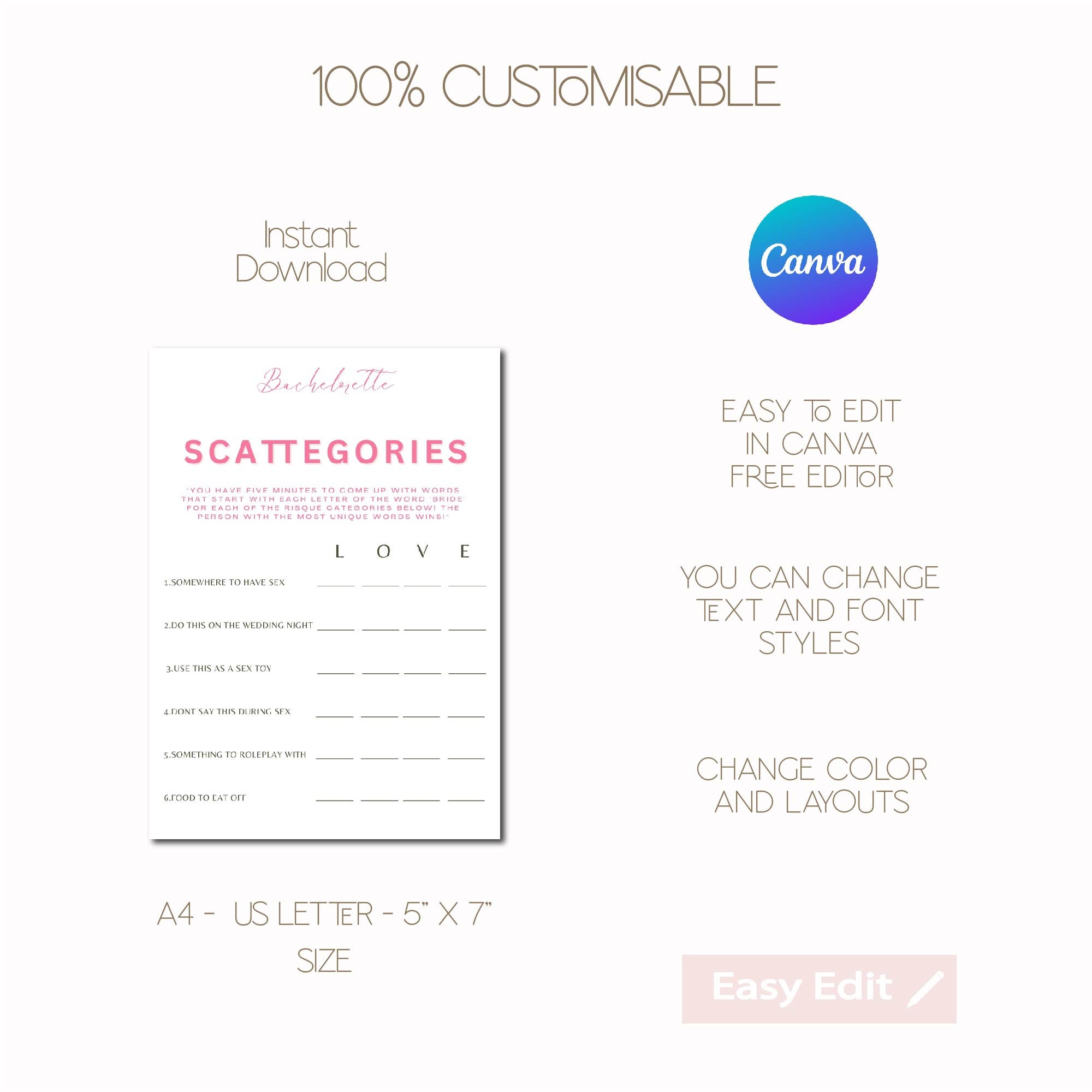 Scattegories, Bridal Shower Game, Printable Scattegories Game, Adults ...