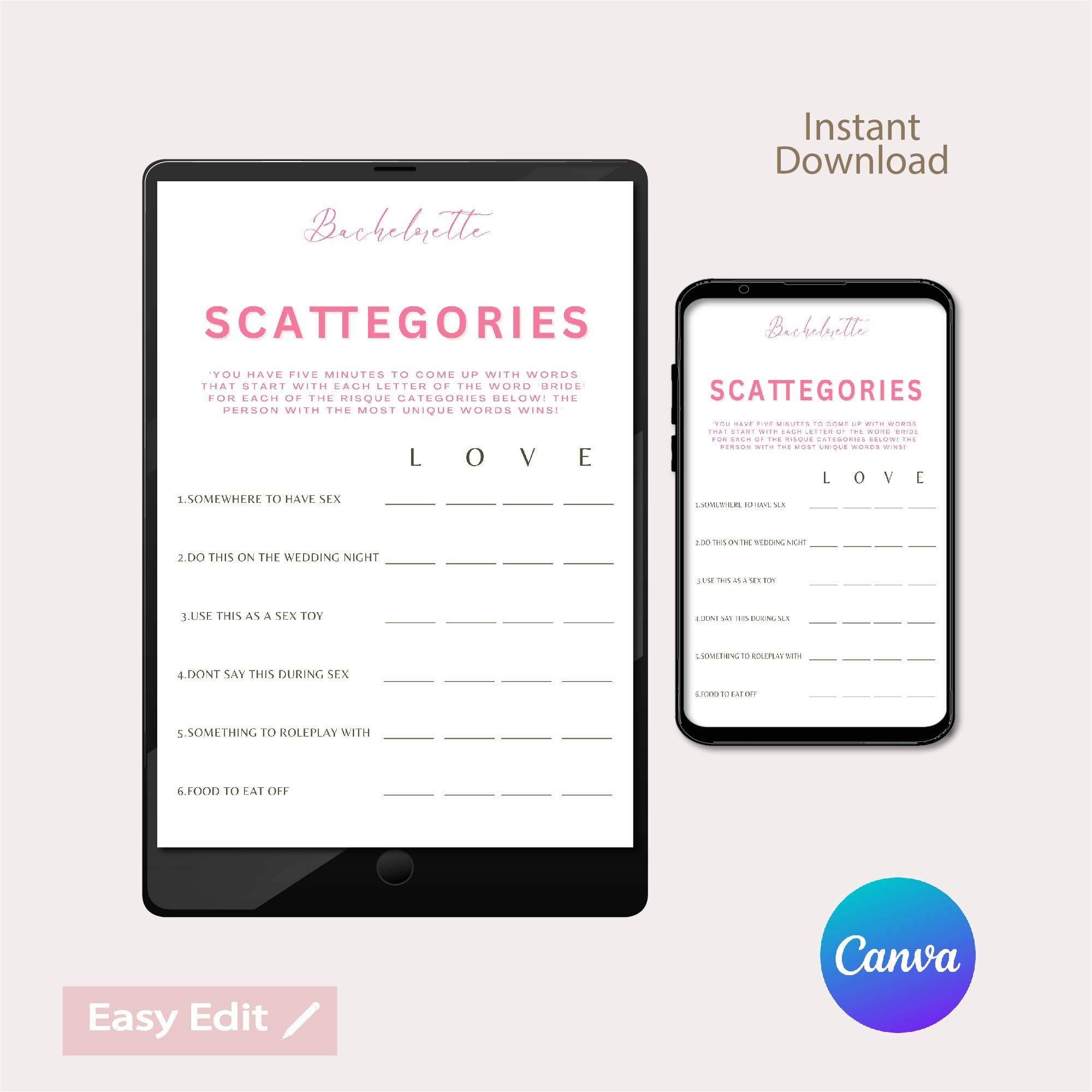 Scattegories, Bridal Shower Game, Printable Scattegories Game, Adults ...