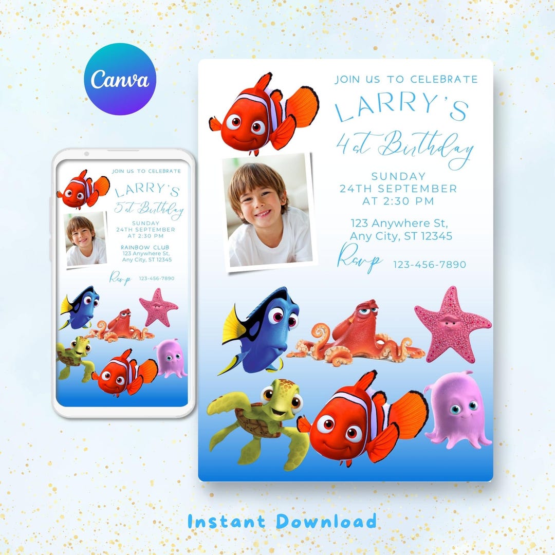 Nemo Birthday Invitation, Nemo Digital Invitation, Nemo Printable ...