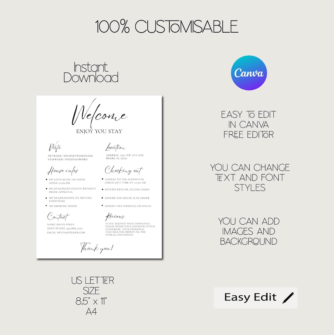 Editable Airbnb Welcome Guide Signage, Printable Short Term Rental ...