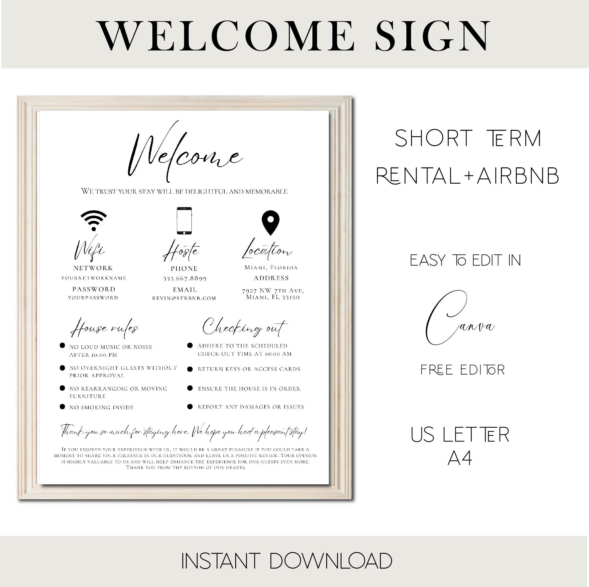 Editable Airbnb Welcome Guide Signage, Printable Short Term Rental ...