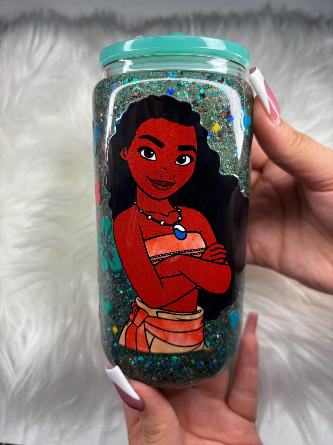 Moana Snowglobe Glass Cup/ 16oz Glass Cup/ Rhinestone Lid With Glass ...