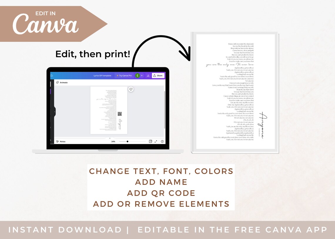 Editable Lyrics Printable | Canva Template | Printable Song Lyric Wall ...