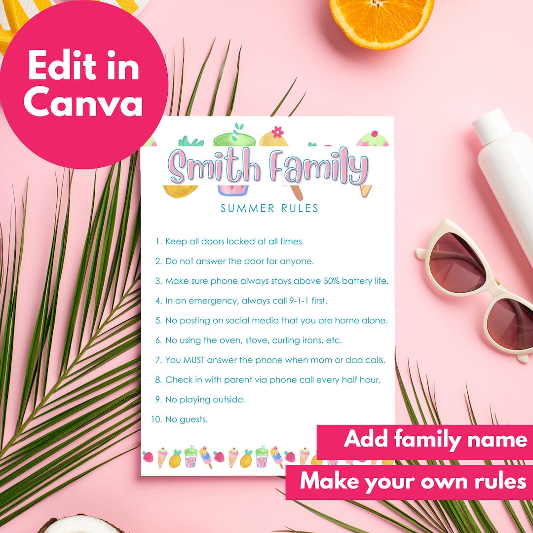 Family Summer House Rules Printable | Canva Template | Editable Kids ...