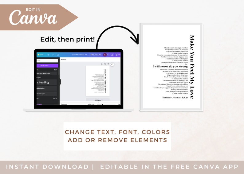 Editable Lyrics Printable | Canva Template | Printable Song Lyric Wall ...