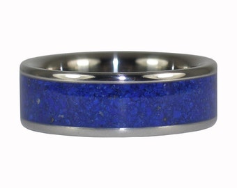 Dark Blue Lapis Titanium Ring Band With Double Inlay | Etsy