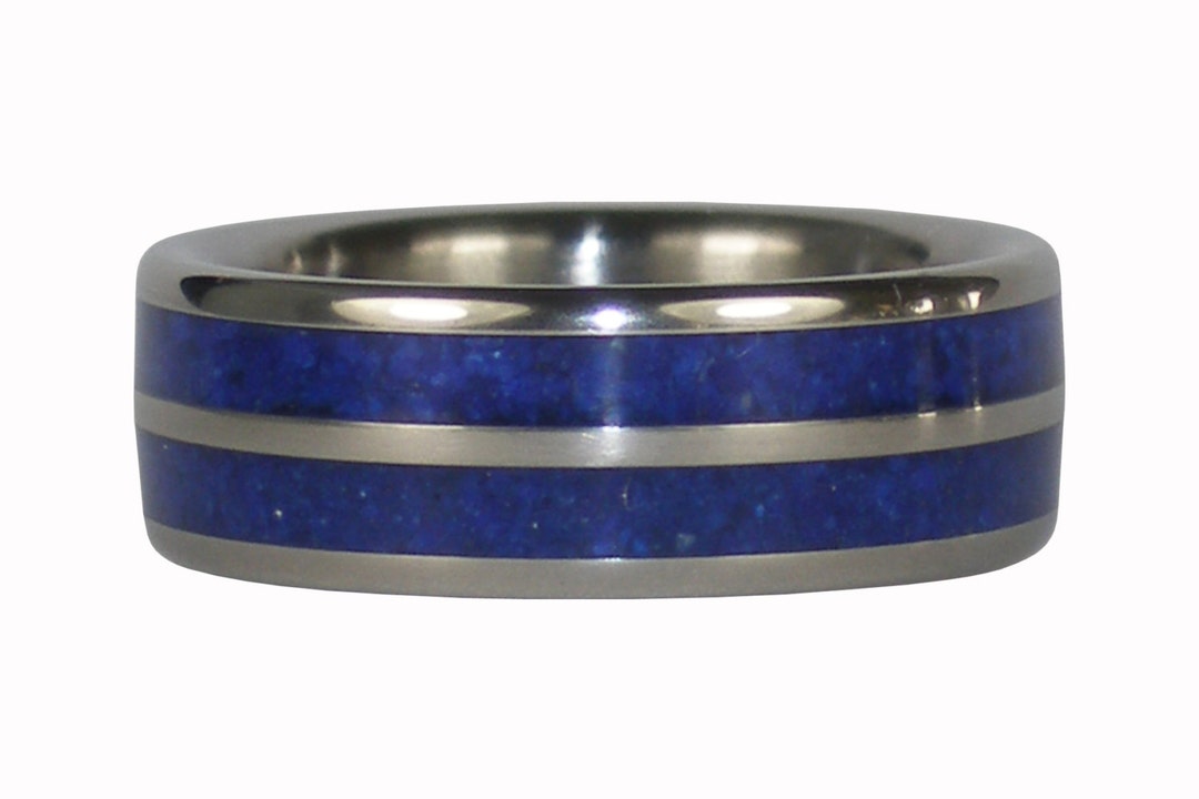 Dark Blue Lapis Titanium Ring Band With Double Inlay - Etsy