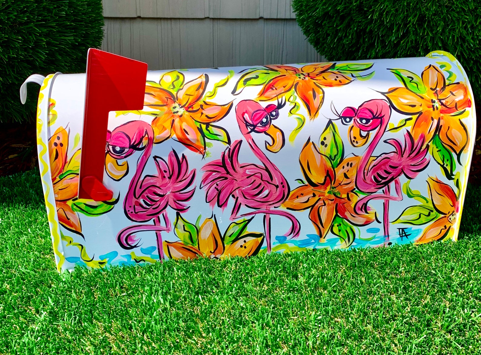 Floral Flamingo Whimsical Mailbox Hand Painted Mailbox - Etsy