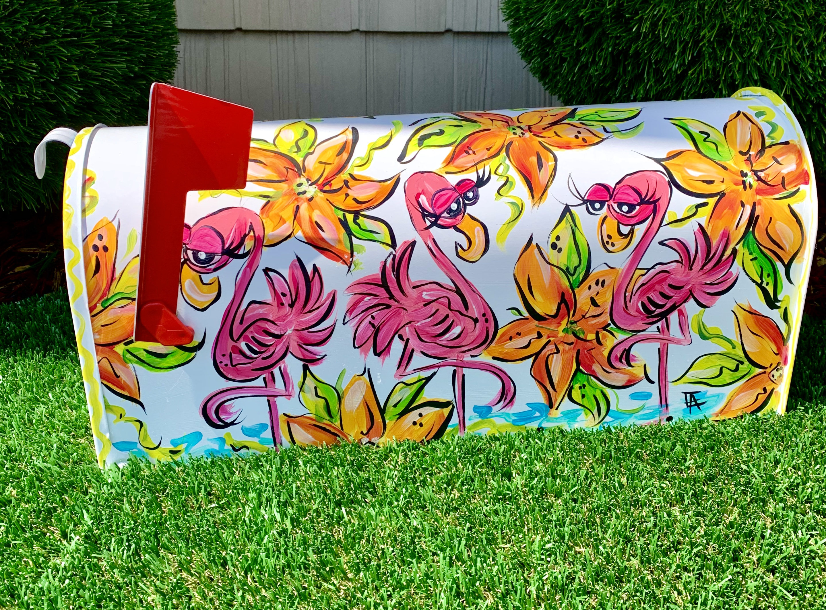 Floral Flamingo Whimsical Mailbox, Hand Painted Mailbox, Decorative ...