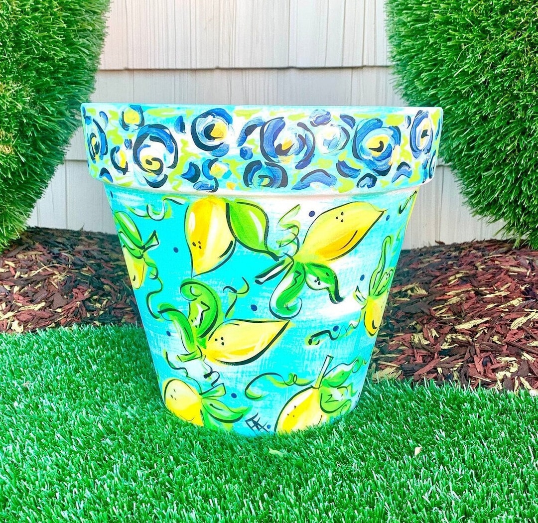 Bright Lemon - 4, 6, 8, 10" Flowerpot, Hand Painted Pot, Colorful ...