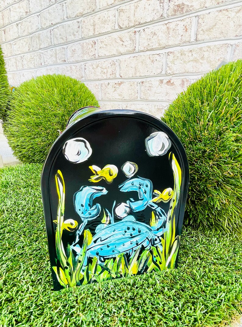 Fish Sea Life Whimsical Mailbox, Black Background, Hand Painted Mailbox ...