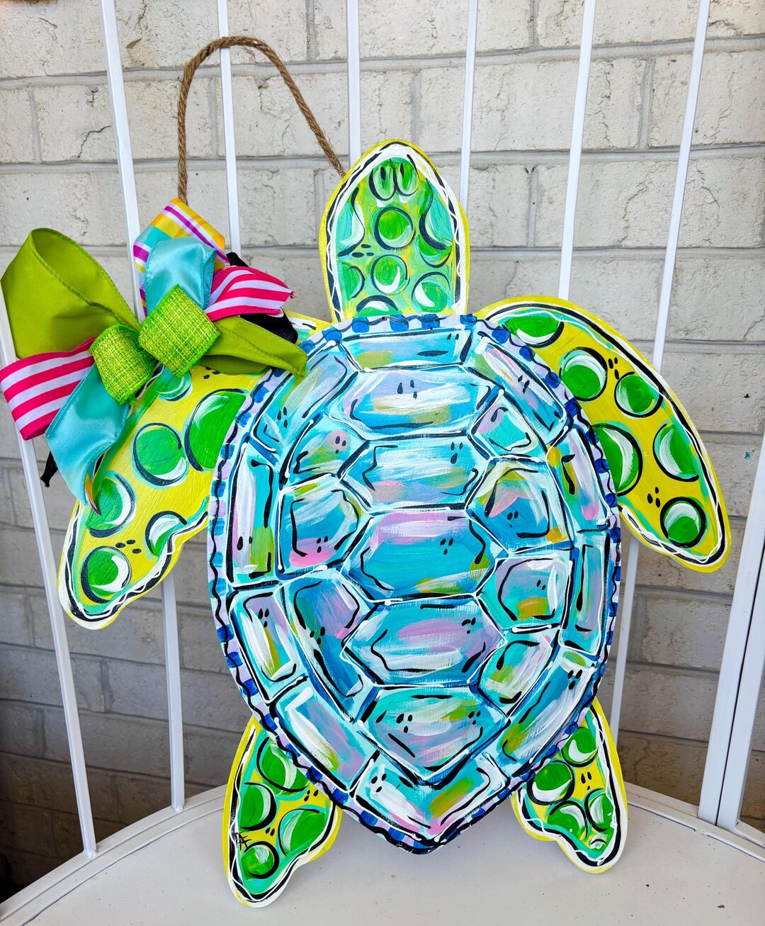 20" Vibrant Sea Turtle Door Hanger - Whimsical Hand Painted Turtle Door ...