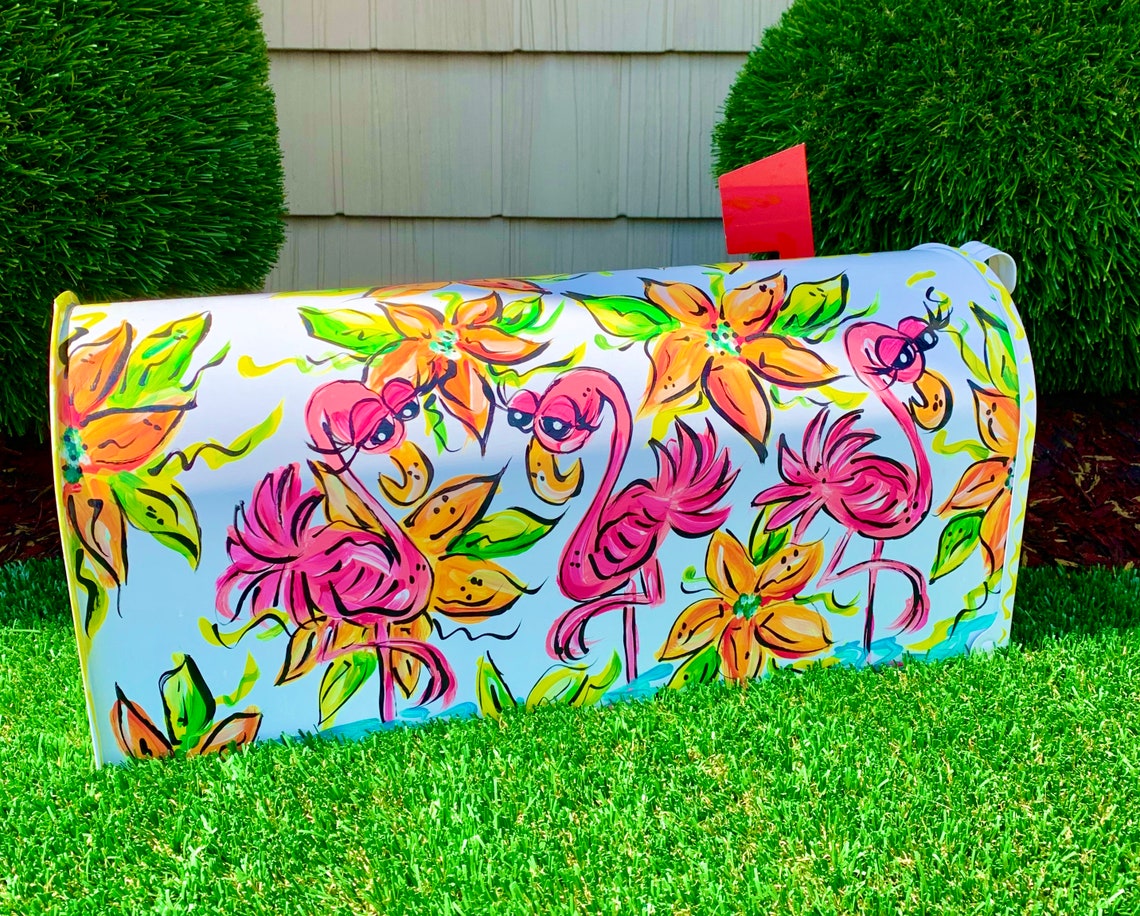 Hand Painted Floral Flamingo Mailbox, Decorative Whimsical Design - Etsy